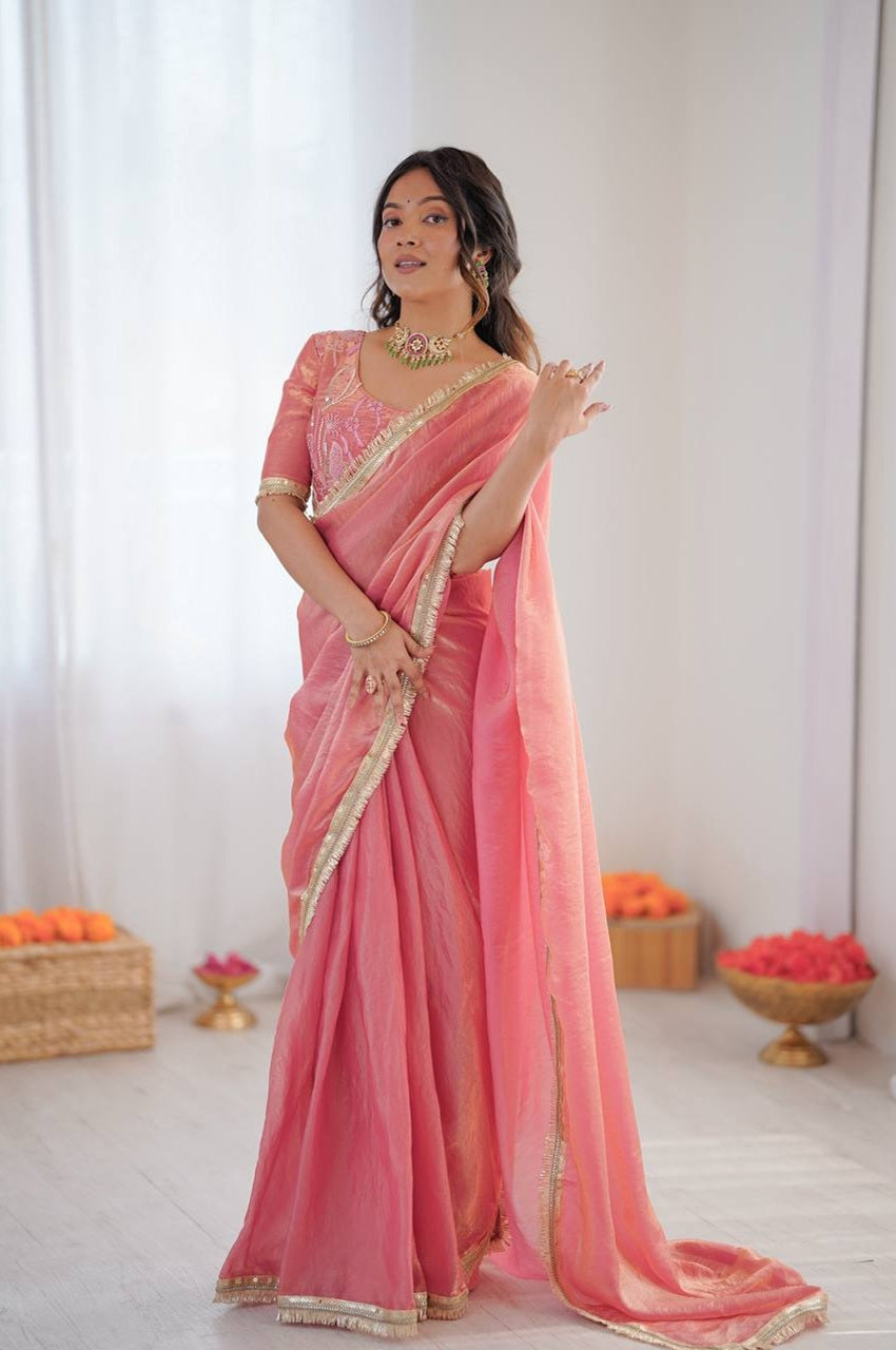 Rose Pink Heavy Fendy Silk Ready-to-Wear Saree with Lace Work