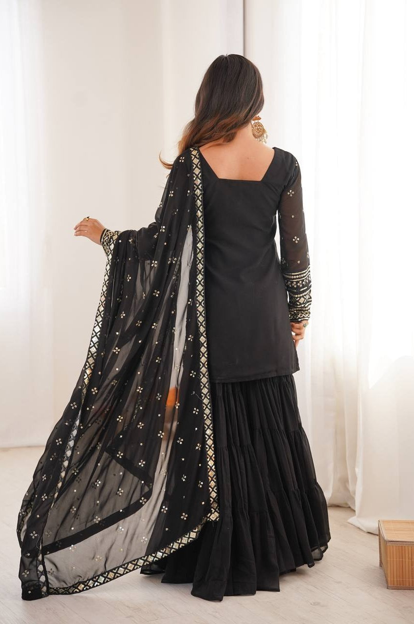 Black Sequin Ruffle Sharara Suit | Heavy Georgette Set | Suratikart