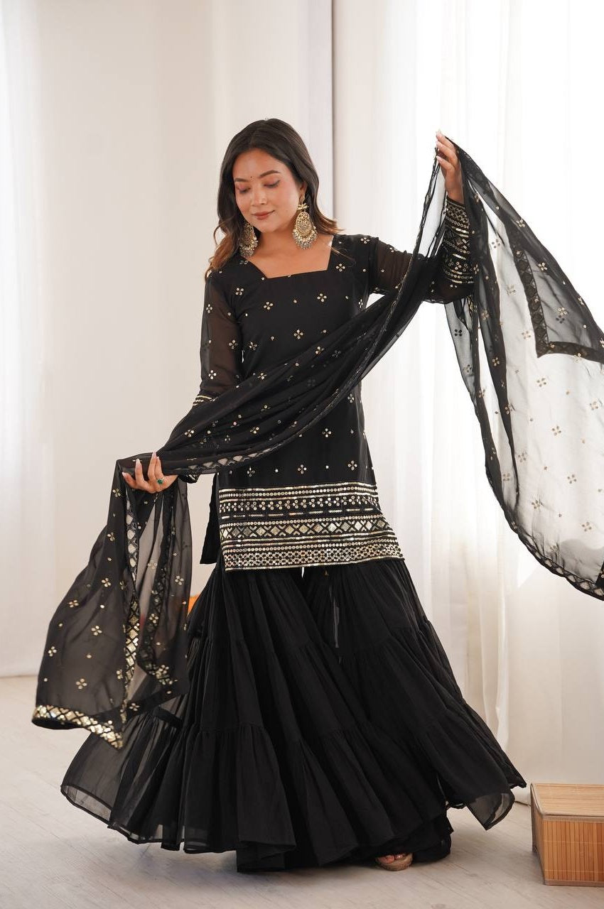 Black Sequin Ruffle Sharara Suit | Heavy Georgette Set | Suratikart